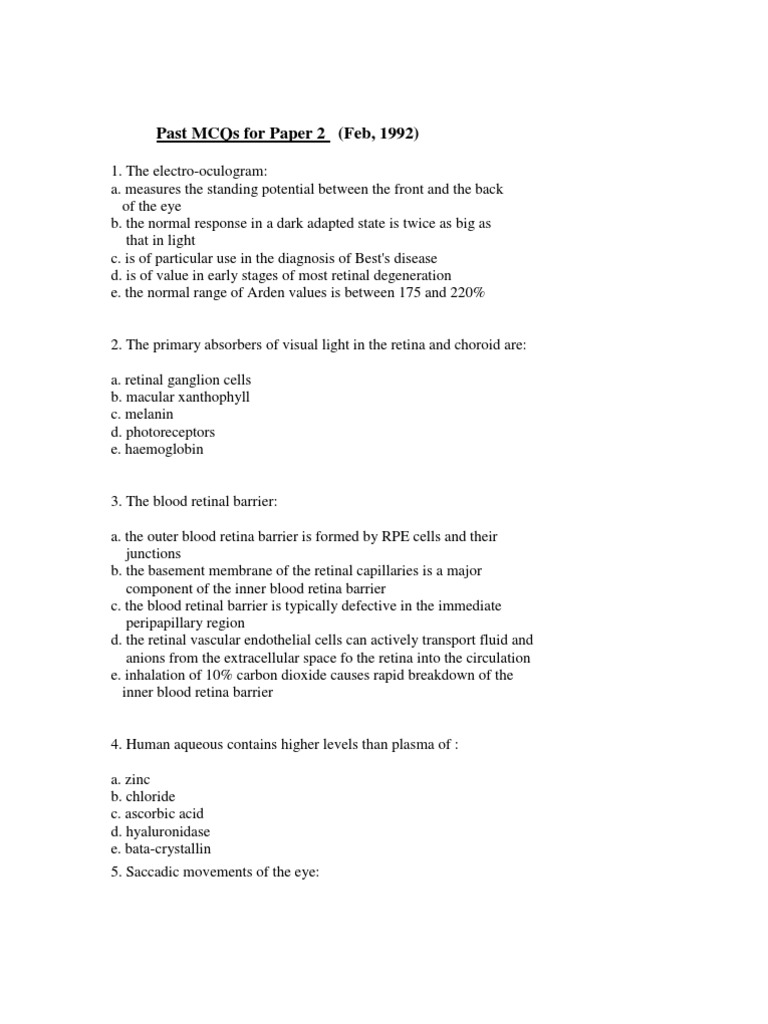 Past MCQs For Paper 2 | PDF | Retina | Spinal Cord