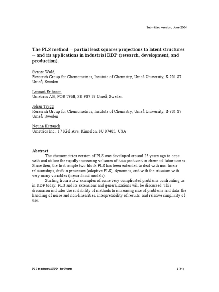 The PLS Method - Partial Least Squares Projections To Latent Structures | PDF | Regression ...