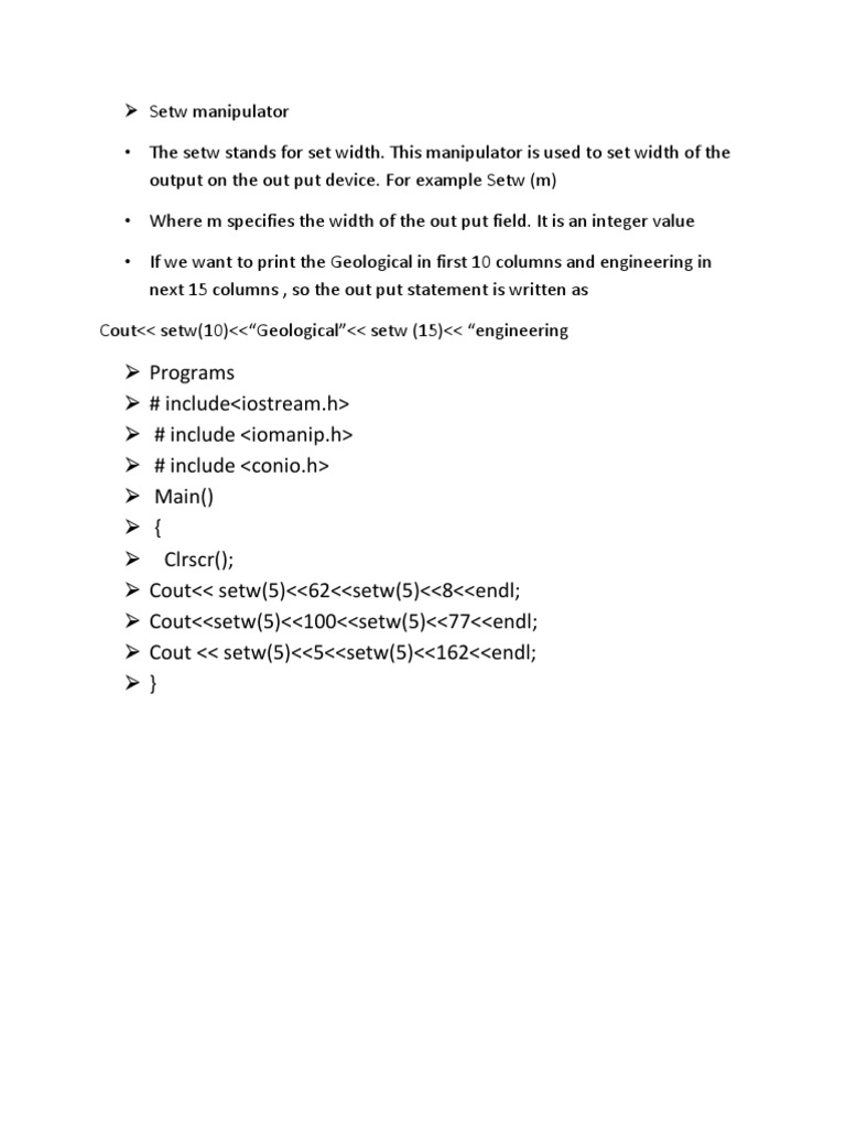 Setw Manipulator | PDF | Integer (Computer Science) | C++