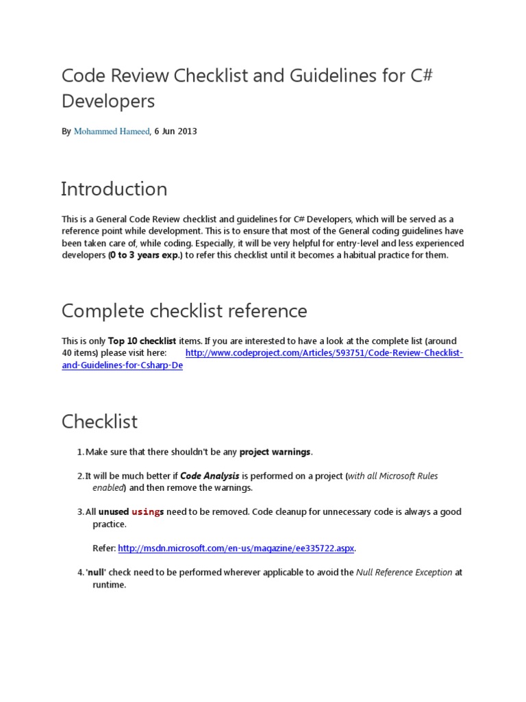 Top 10 Code Review Checklist and Guidelines For C# Developers | PDF ...