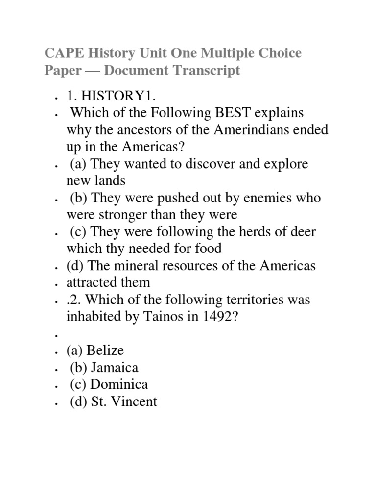 CAPE History Unit 1 MCQ Transcript | PDF | Caribbean | Abolitionism