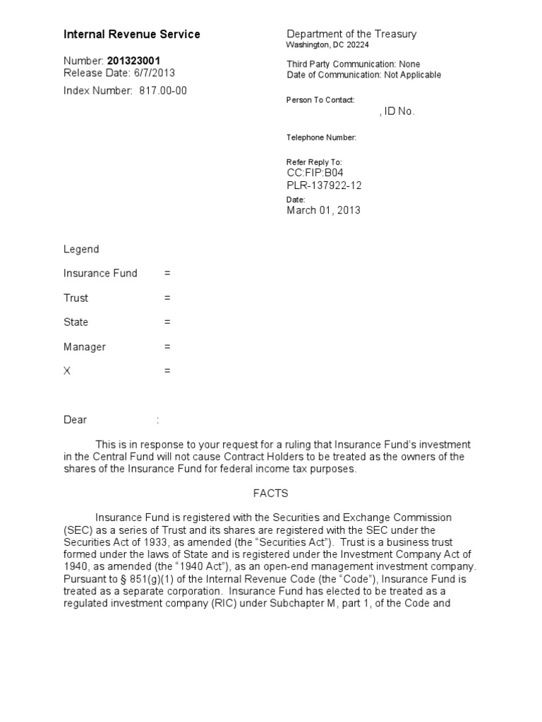 Variable Life Insurance Investment Fund Approved - LTR 1323001 | PDF ...