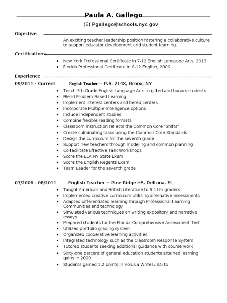 Experienced English Teacher Resume | PDF