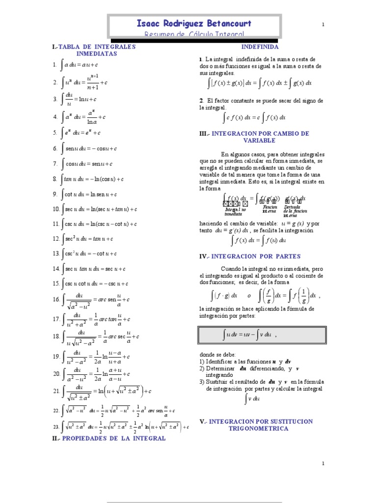 Formulario de Integrales | PDF | Integral | Fracción (Matemáticas)