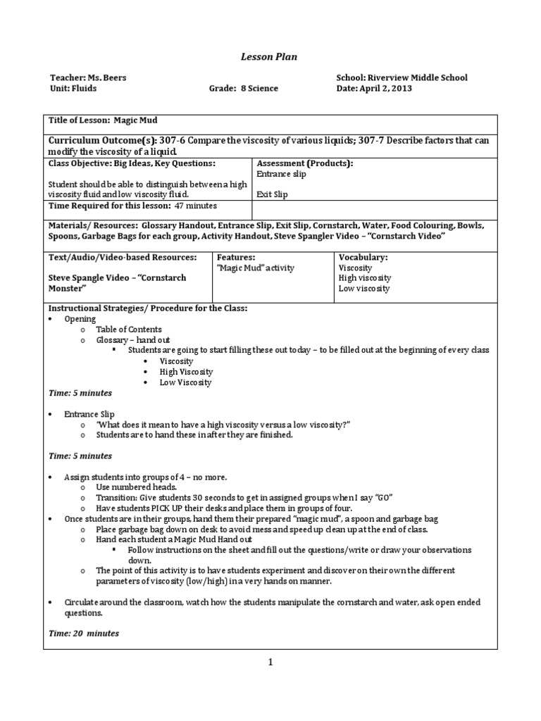 Magic Mud Lesson Plan | PDF | Viscosity | Lesson Plan