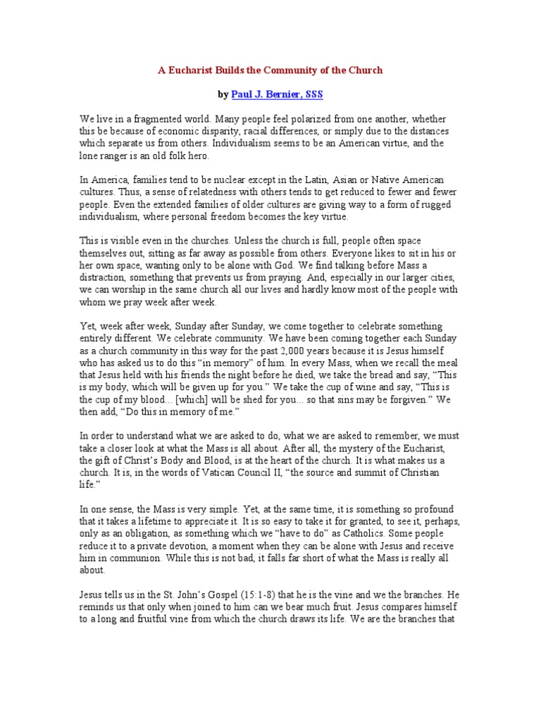 The Eucharist Builds the Community of the Church by Uniting Us as the ...