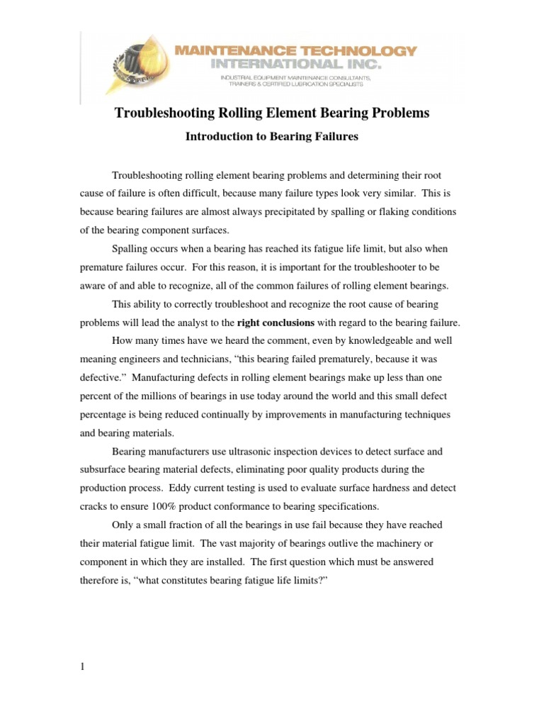 Troubleshooting Rolling Element Bearing Problems | PDF | Bearing ...