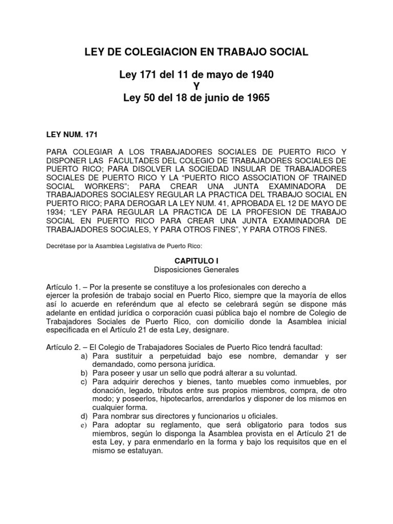 Ley 171 Colegiacion 1940 | PDF | Trabajo Social | Puerto Rico