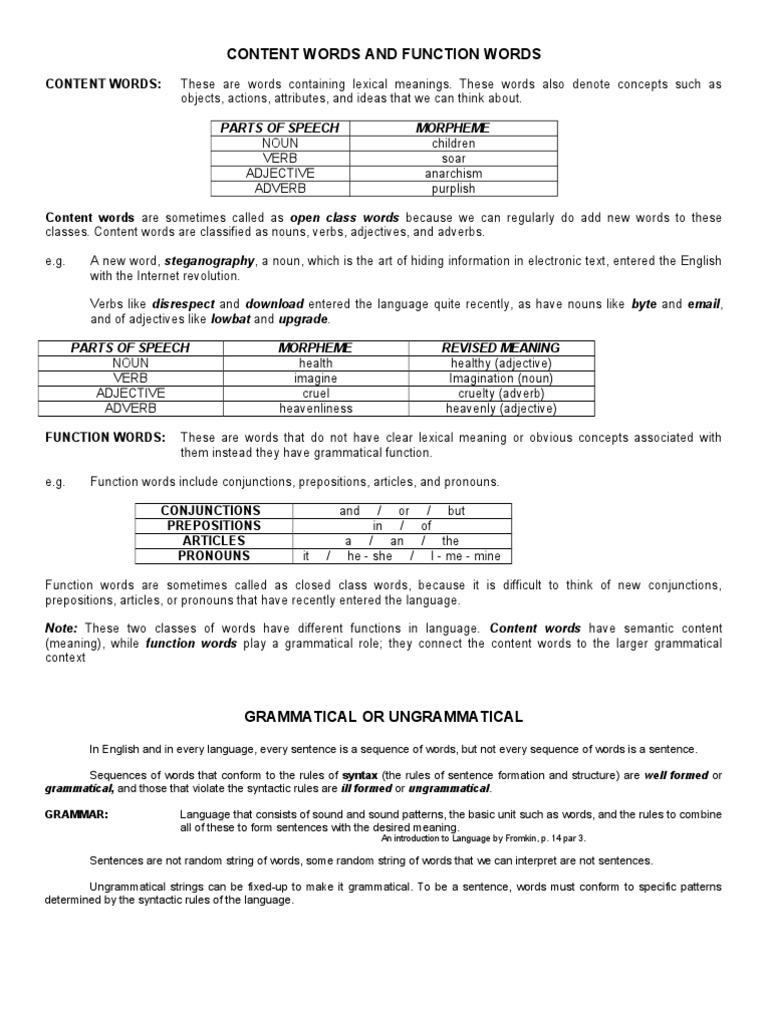 Content Words and Function Words | PDF | Part Of Speech | Word
