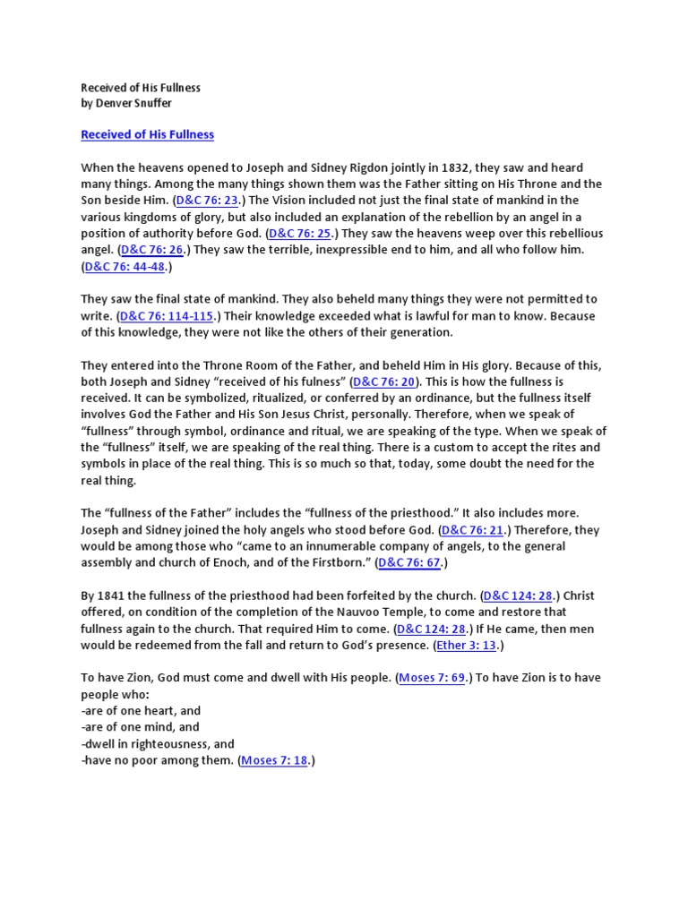 Received of His Fullness Series by Denver Snuffer | PDF