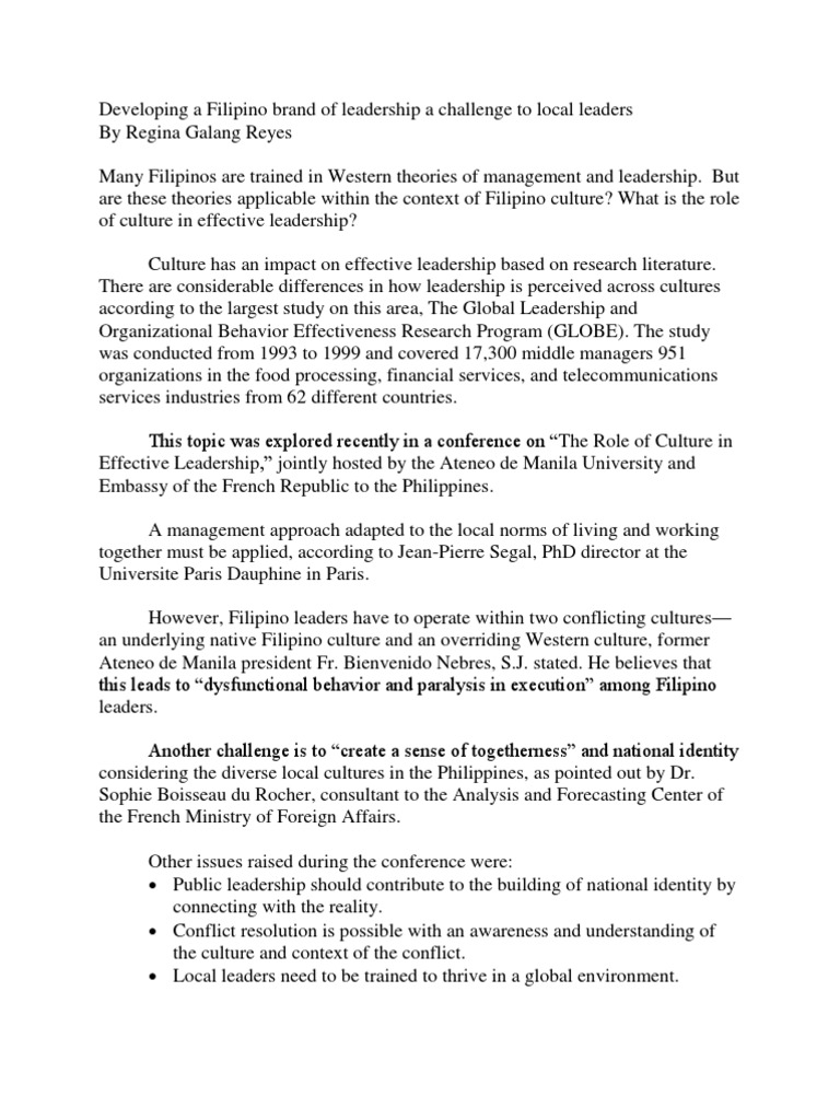 Filipino Leadership: Cultural Challenges | PDF | Leadership | Philippines