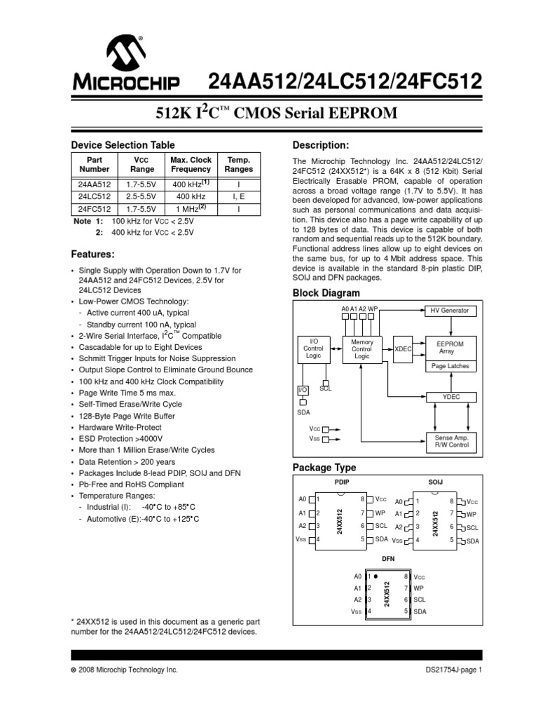 24AA512/24LC512/24FC512: 512K I C Cmos Serial Eeprom | PDF