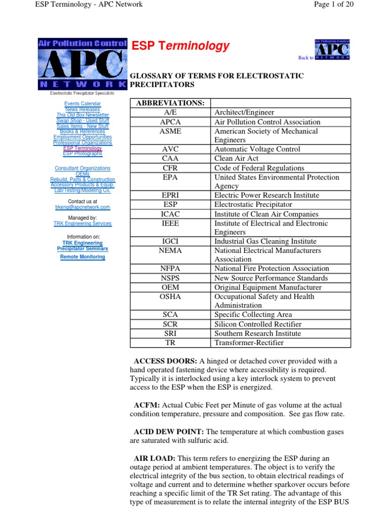 ESP Terminology: Glossary of Terms For Electrostatic Precipitators Abbreviations | PDF ...