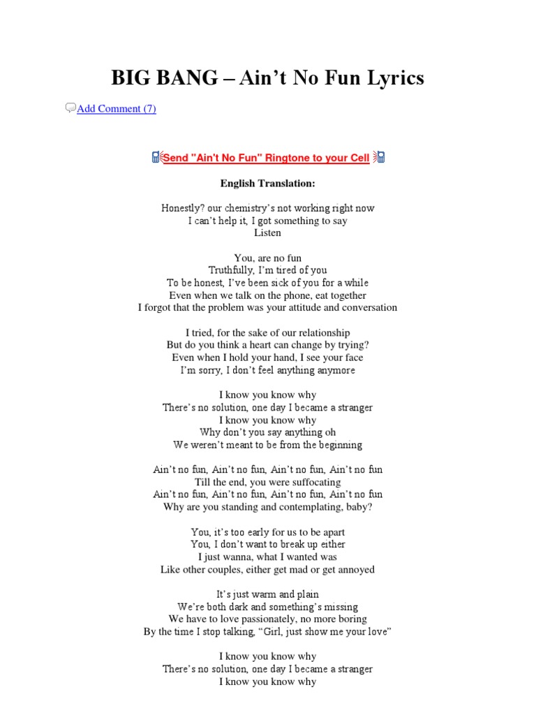 BIG BANG - Ain't No Fun Lyrics: Add Comment | PDF | Leisure