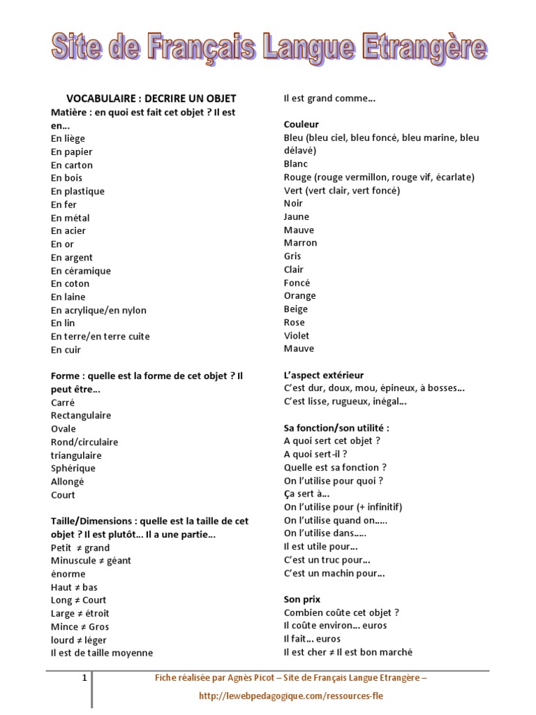 Vocabulaire pour décrire un objet | PDF
