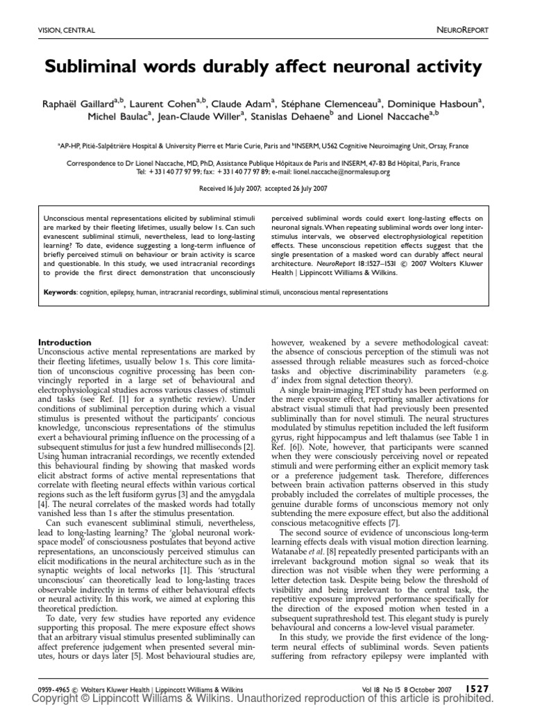 Subliminal Words Durably A¡ect Neuronal Activity | PDF | Perception ...