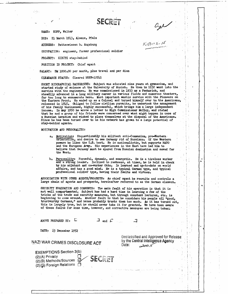 Declassified CIA Document - Walter Kopp (Undated) | PDF | International ...