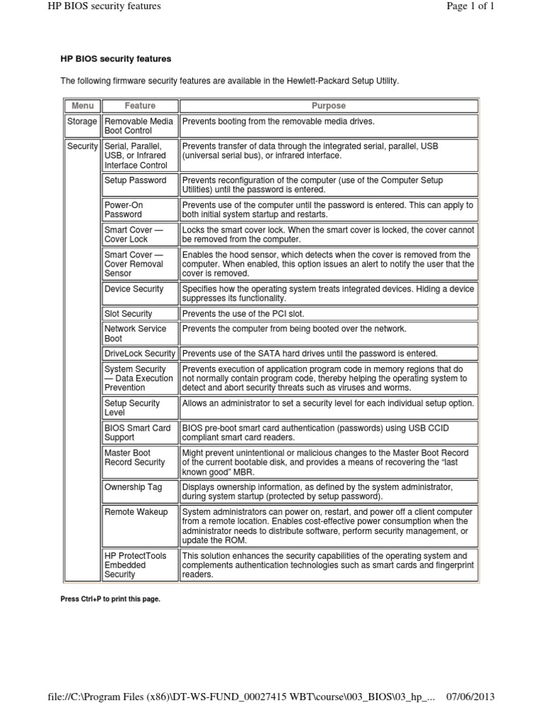 HP BIOS Security Features | PDF | Booting | Bios