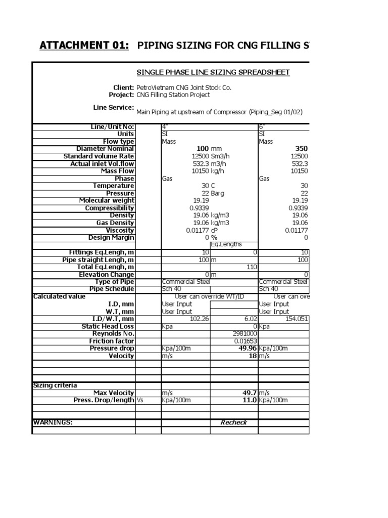 CNG Filling Station Line Sizing Spreadsheet | PDF