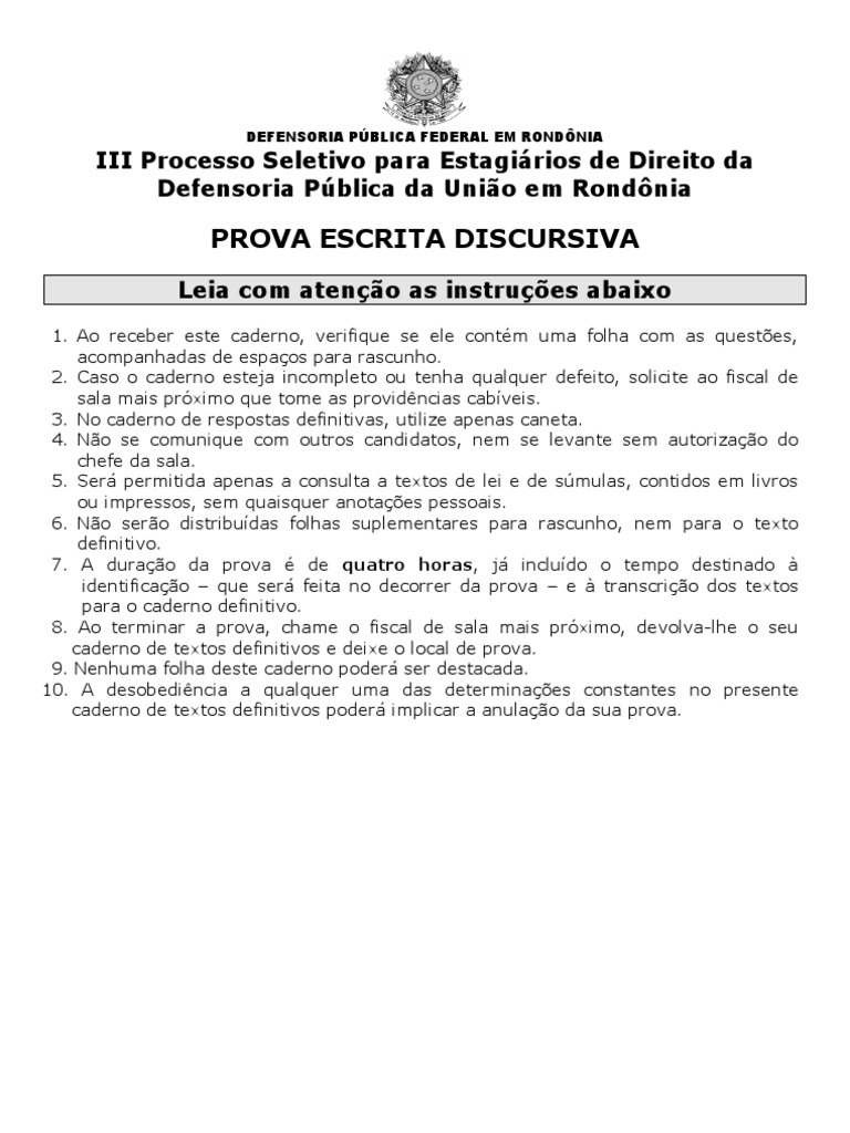 Prova Discursiva Estagiario DPU - RO PDF | PDF | Prova (jurídico ...
