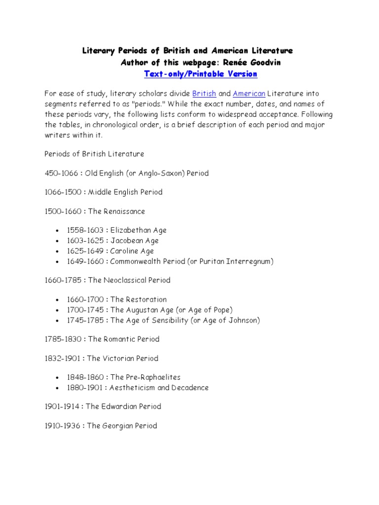 Literary Periods of British and American Literature | PDF | English ...
