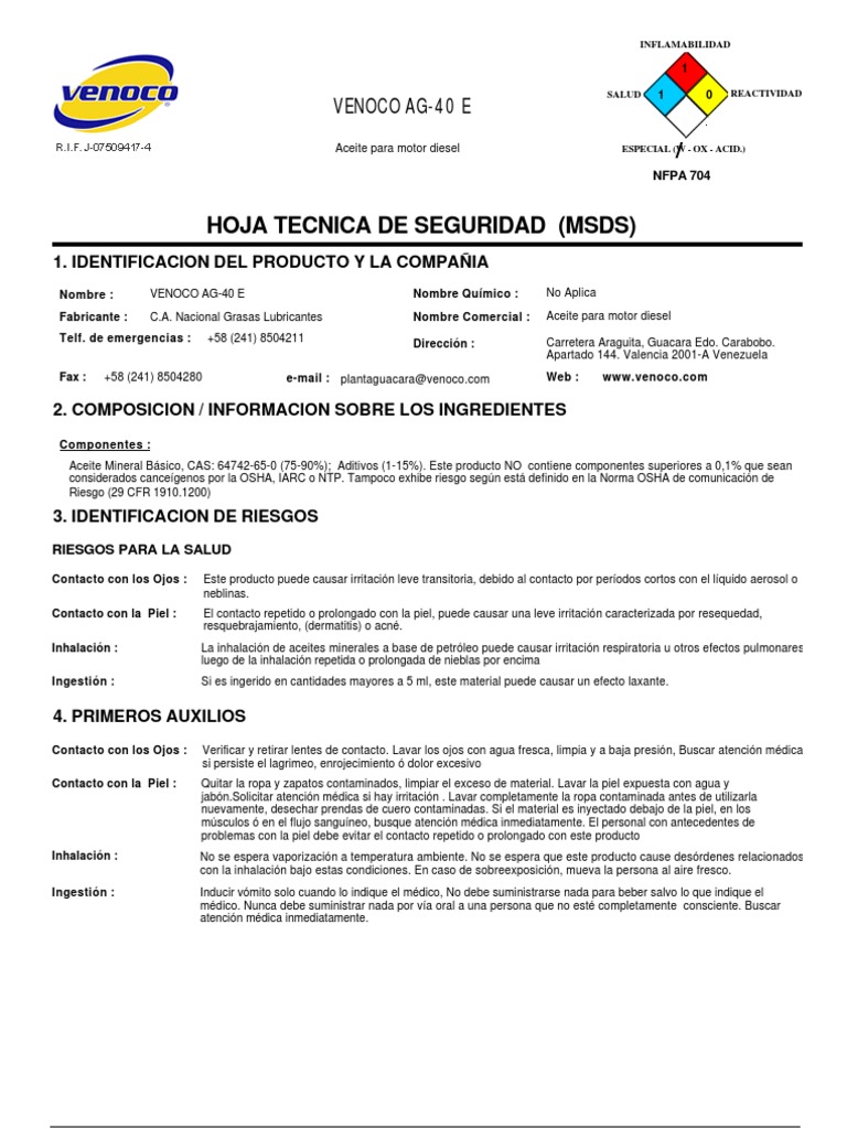 Msds Aceite de Motor | PDF
