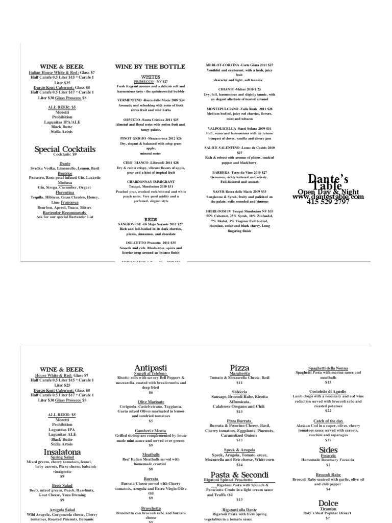 Dante's Table Menu, June 2013 | PDF | Aroma Of Wine | Salad
