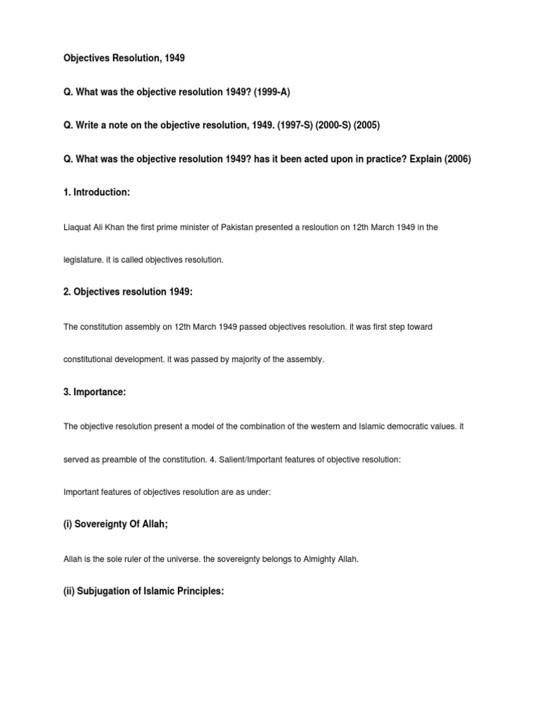 Key Features of Pakistan's 1949 Objectives Resolution | PDF | Pakistan ...