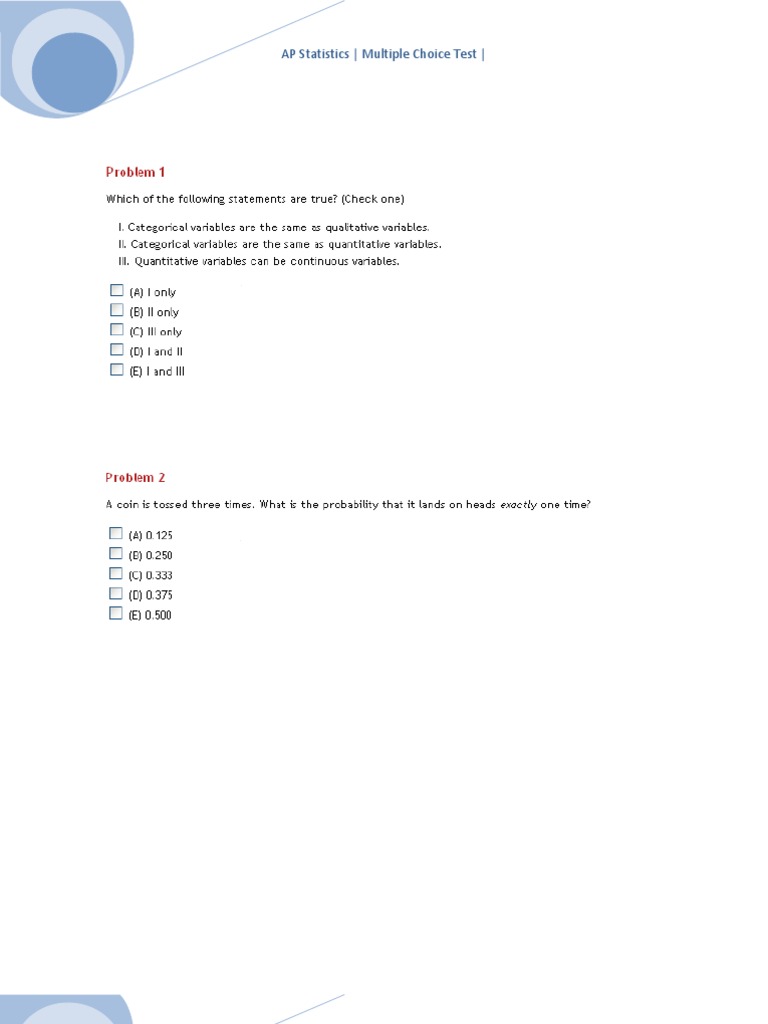 AP Statistics Multiple Choice Exam | PDF | Multiple Choice | Test ...