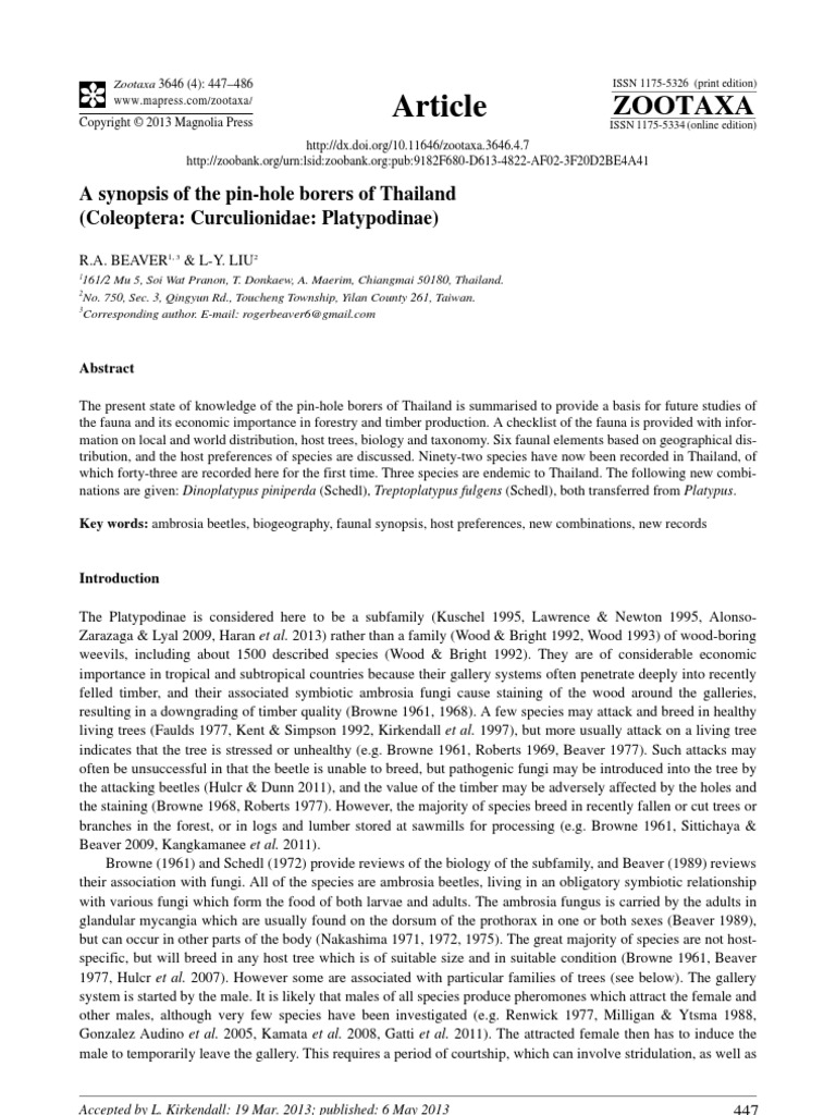 A Synopsis of The Pin-Hole Borers of Thailand (Coleoptera ...