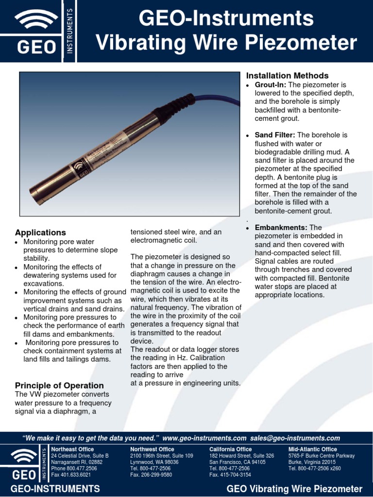 GEO-Instruments Vibrating Wire Piezometer: Installation Methods | PDF ...