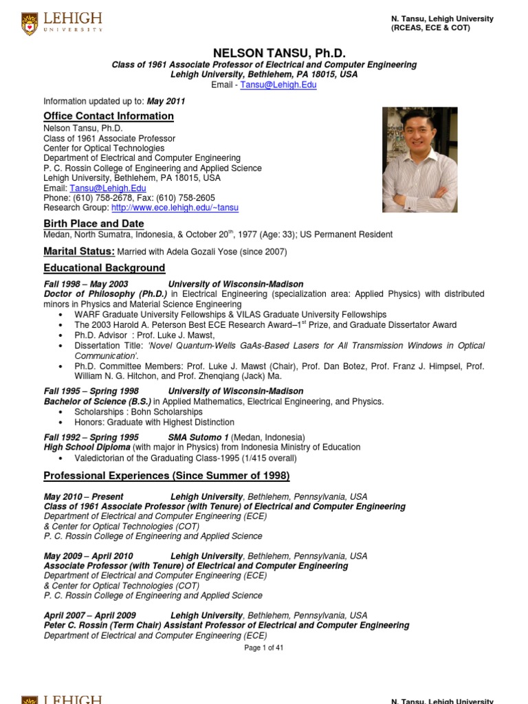 Nelson Tansu, PH.D.: Office Contact Information | PDF | Photonics ...