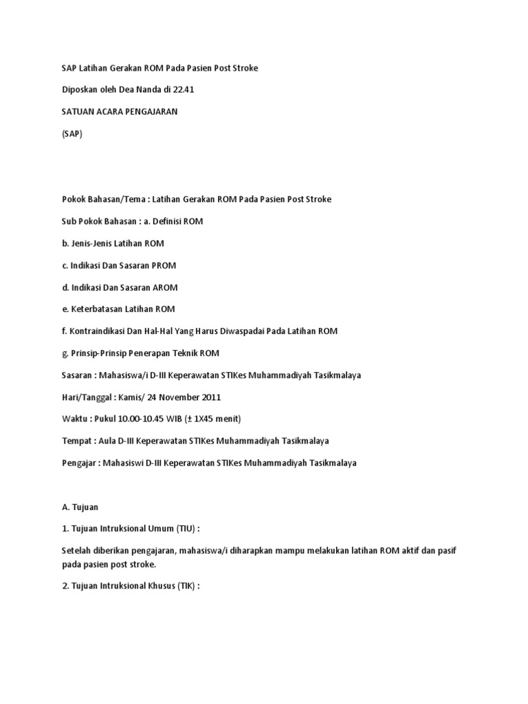 SAP Latihan Gerakan ROM Pada Pasien Post Stroke | PDF