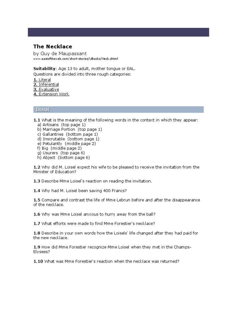 Analyzing "The Necklace" by Maupassant | PDF | Narrative | Vocabulary