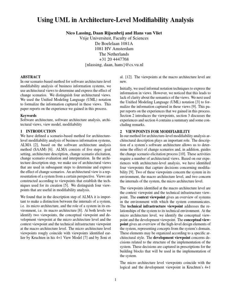Using UML in Architecture-Level Modifiability Analysis: Nico Lassing ...