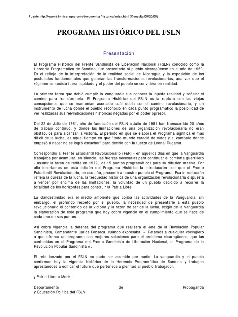 Programa Historico Del FSLN | PDF | Frente Sandinista de Liberación ...