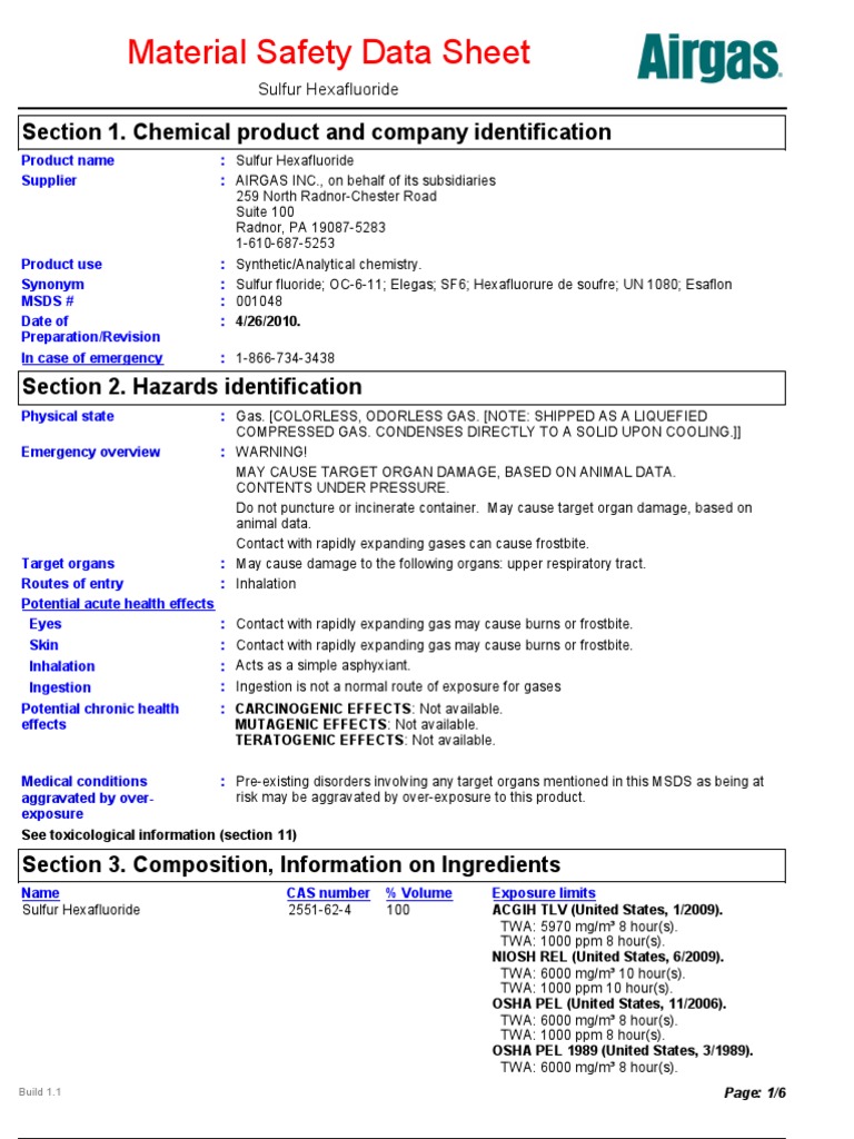 SF6 MSDS | PDF | Dangerous Goods | Personal Protective Equipment
