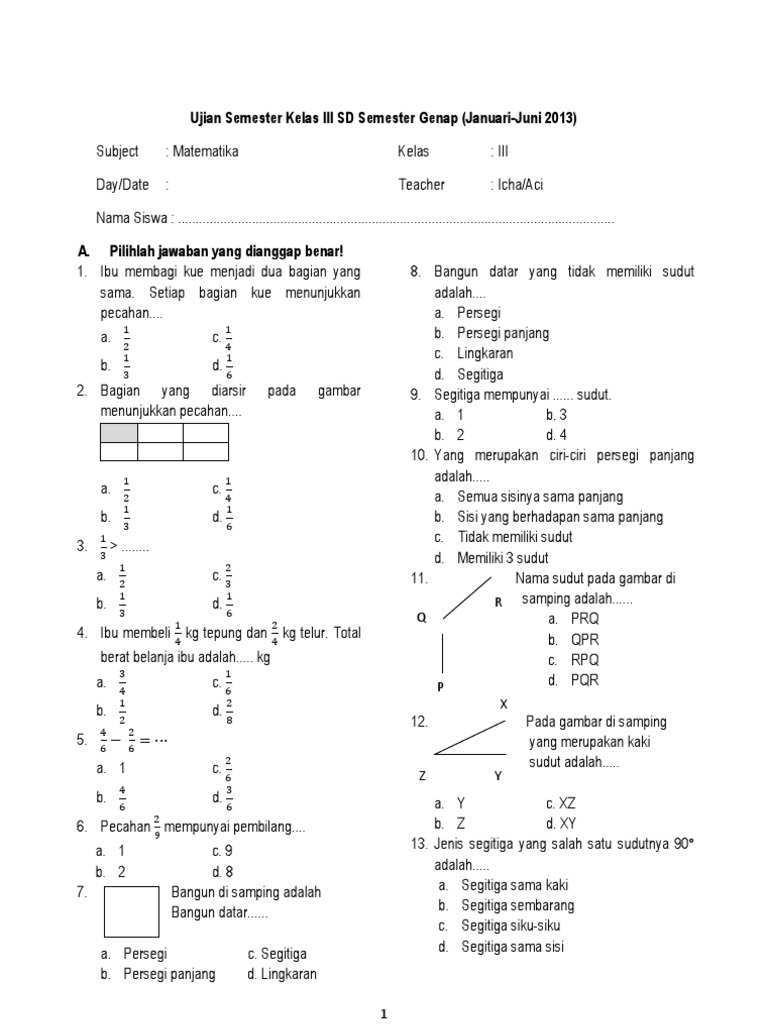 Ujian Semester Kelas III SD Semester Genap | PDF
