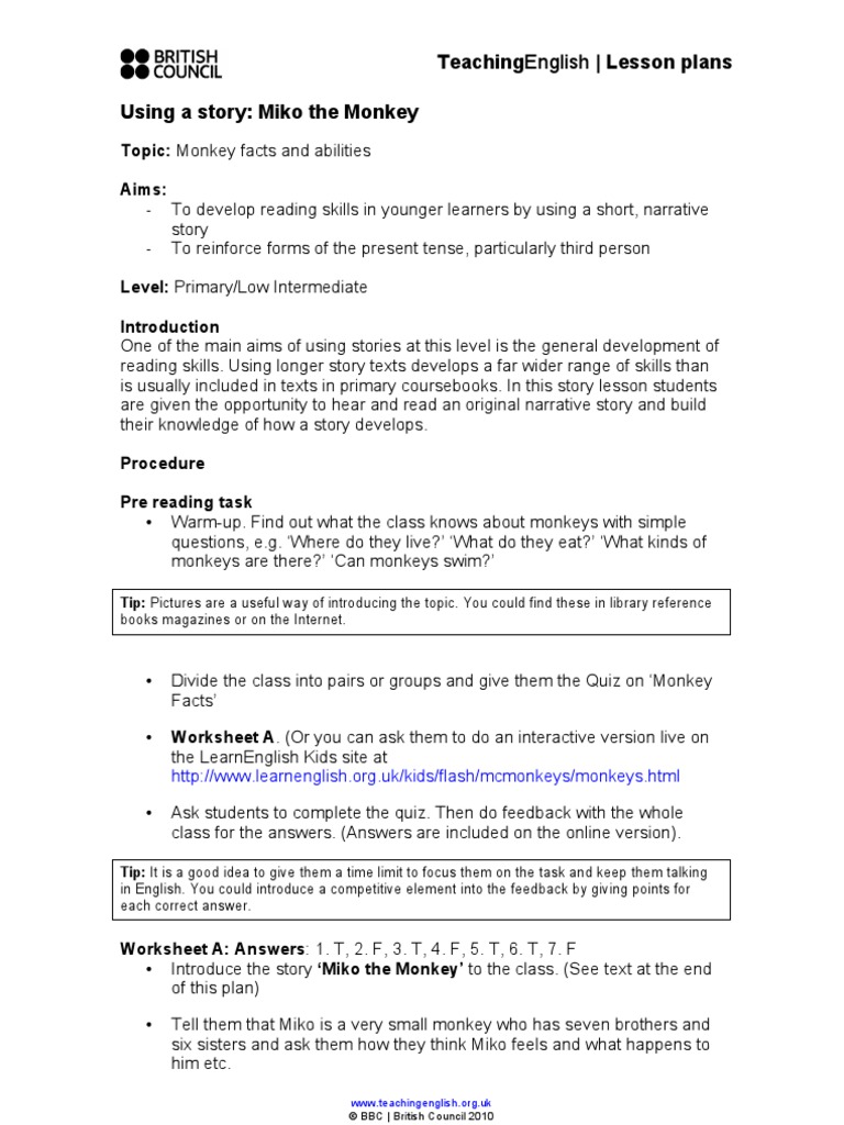 Miko Monkey Lesson Plan | PDF | Narration