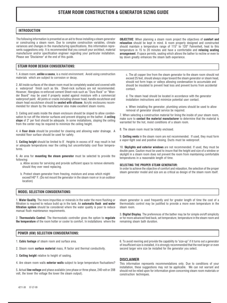 Steam Room Construction & Generator Sizing Guide | Download Free PDF ...