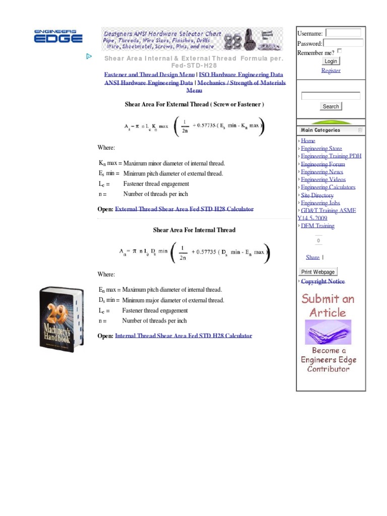 Shear Area Internal & Ex... TD-H28 - Engineers Edge | PDF