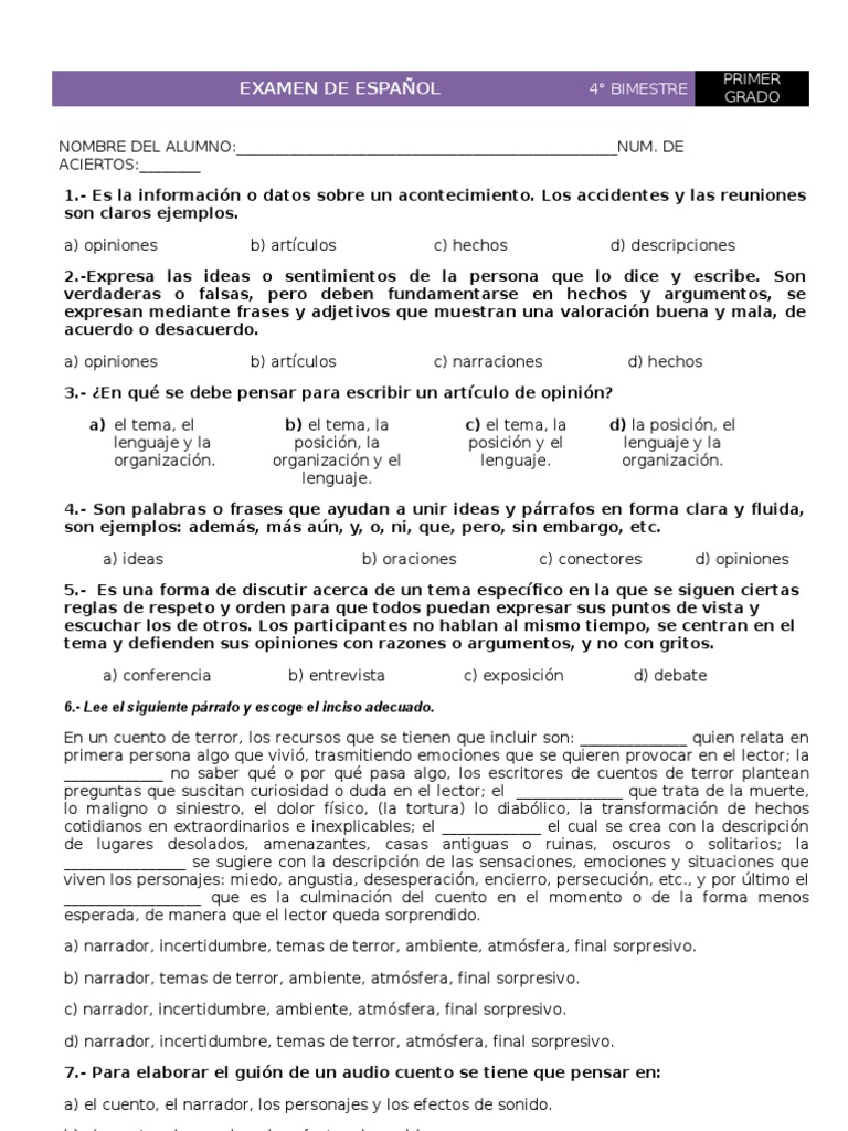 EXAMEN DE ESPAÑOL 4 BLOQUE