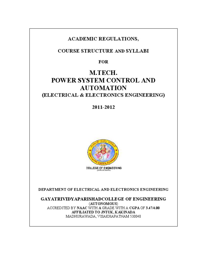 M.Tech. Power System Control and Automation: Academic Regulations ...