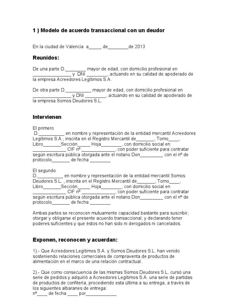 Modelo+de+Acuerdo+Transaccional+Con+Un+Deudor | Pagos | Bancos
