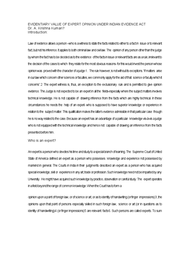 Expert Opinion in Indian Evidence Act | PDF | Evidence (Law) | Expert ...