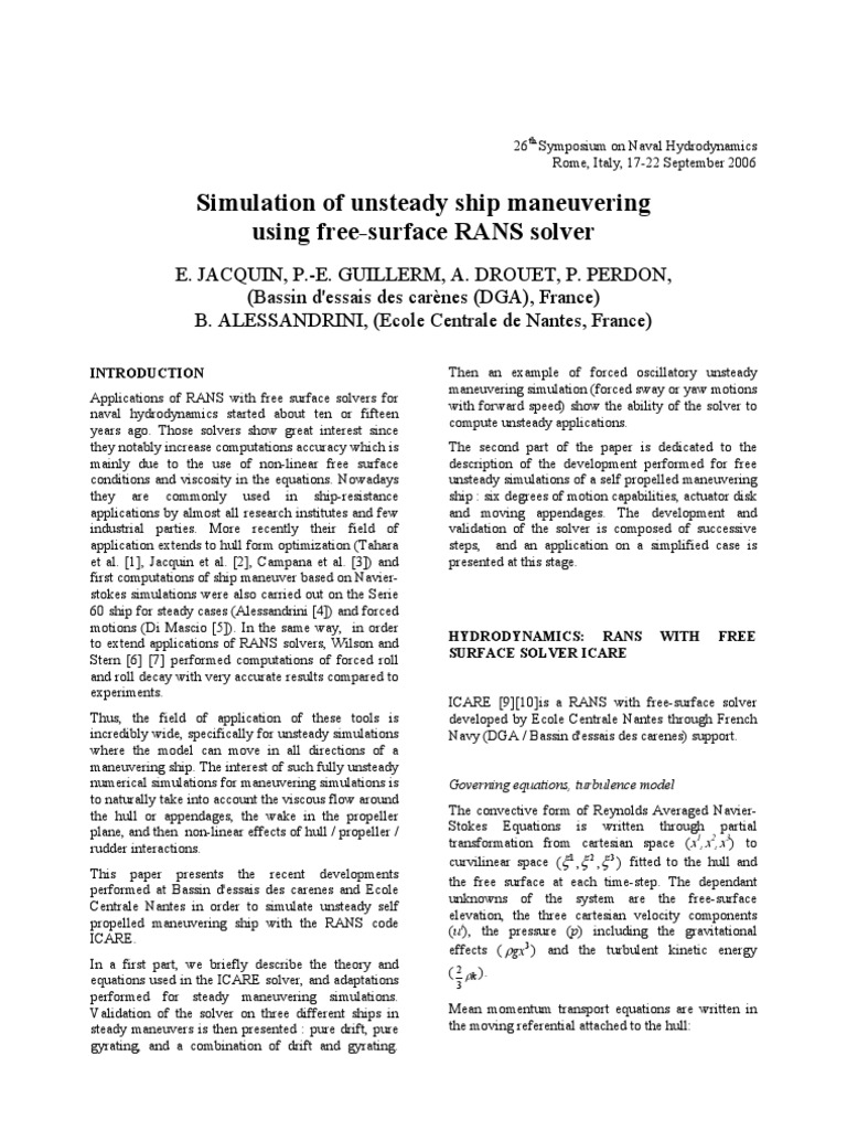 Simulation of Unsteady Ship Maneuvering Using Free-Surface RANS Solver | PDF | Fluid Dynamics ...