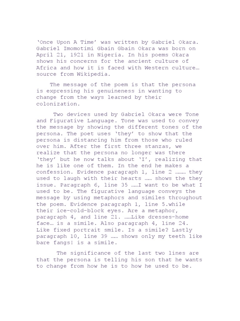 Once Upon A Time' Was Written by Gabriel Okara | PDF