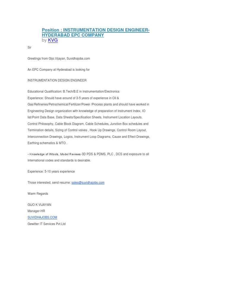 Instrumentation Design Engineer Job | PDF | Business | Computers