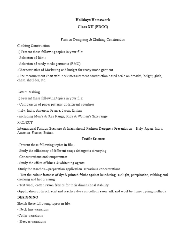 Holidays Homework Class XII (FDCC) : Textile Science | PDF | Textiles | Dye