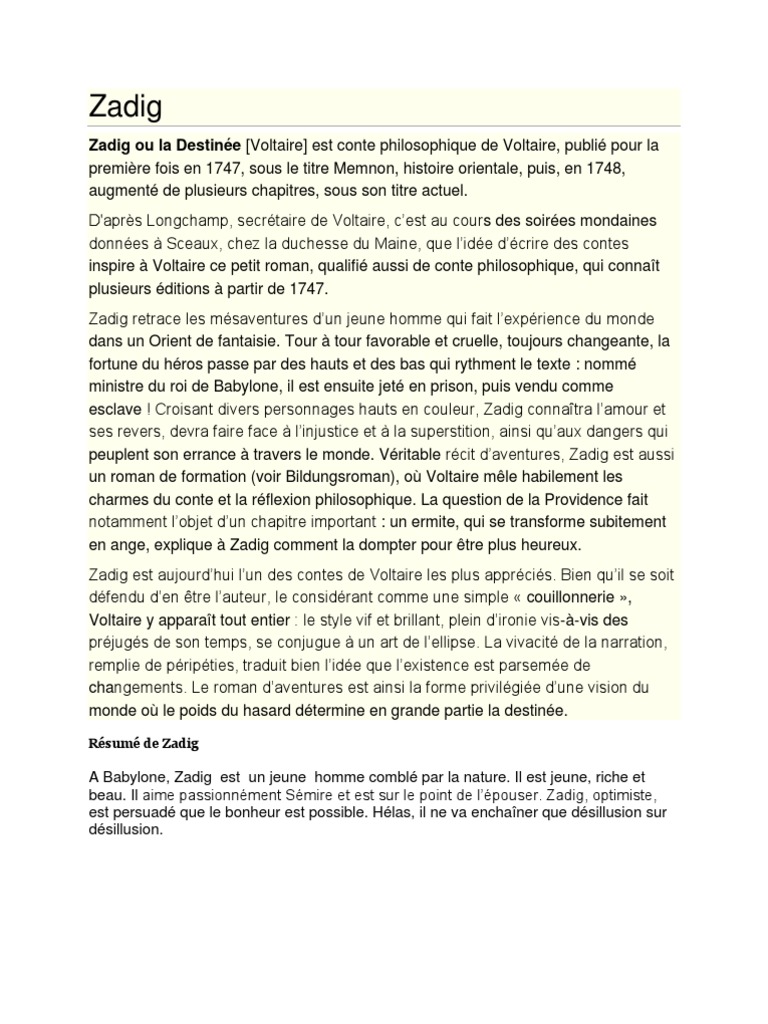 Zadig : Aventures et Philosophie de Voltaire | PDF | Fiction générale